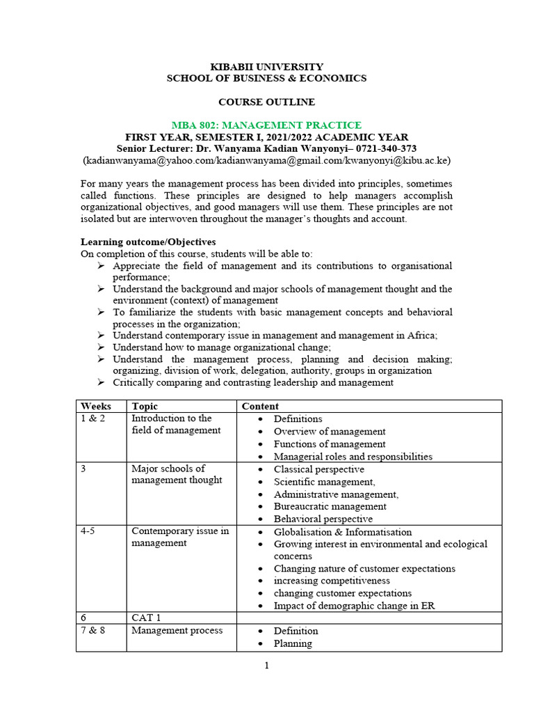 Mba 802-Management Practice Course Outline | PDF | Thought | Leadership
