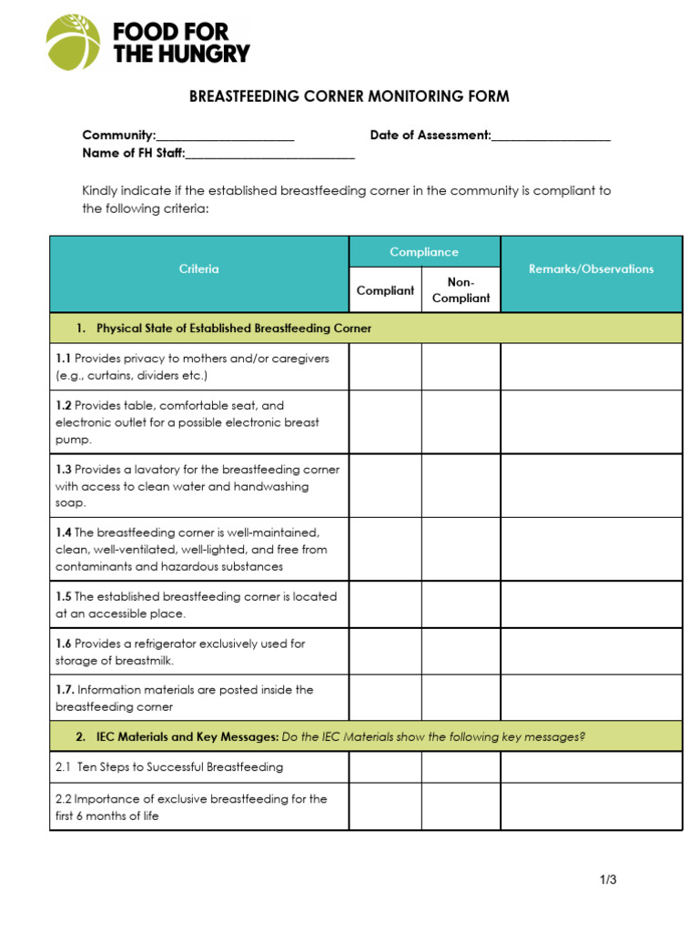 Breastfeeding Corner Compliance Form | PDF | Breastfeeding | Breast Milk