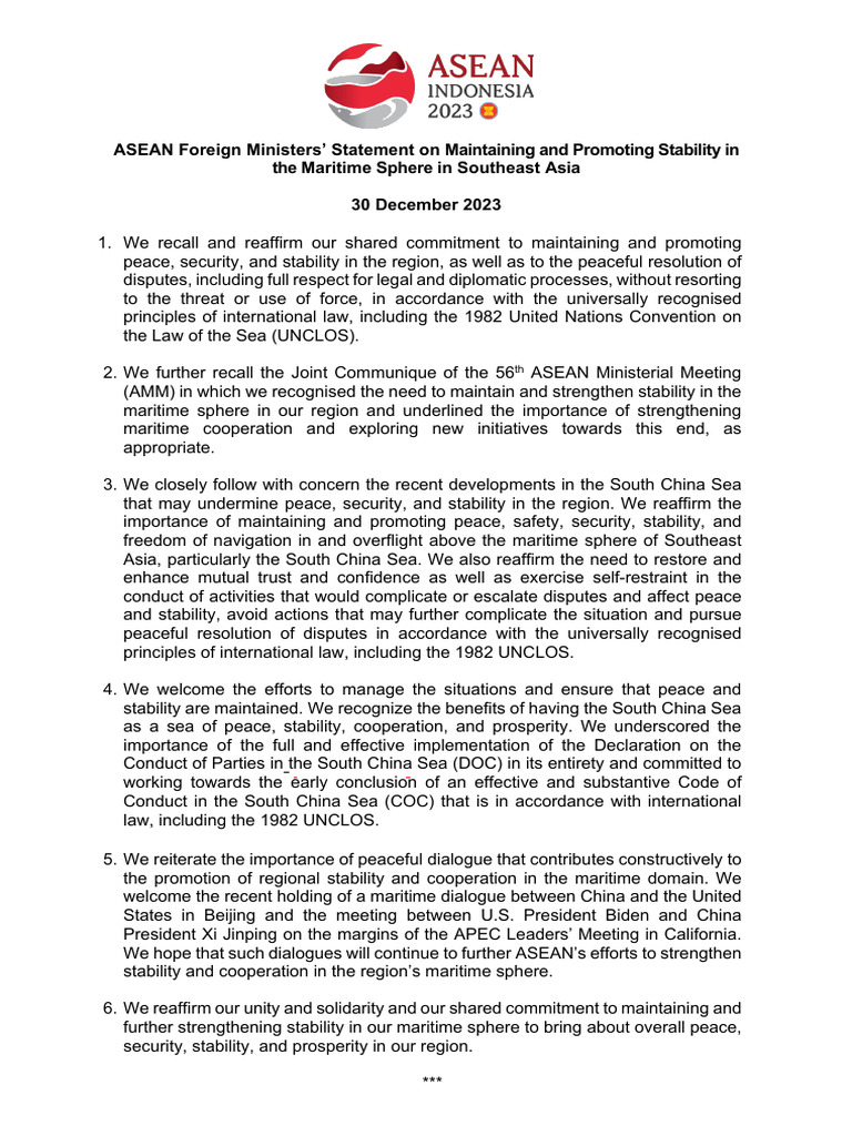 ASEAN FMs Statement On Maintaining and Promoting Stability in The ...
