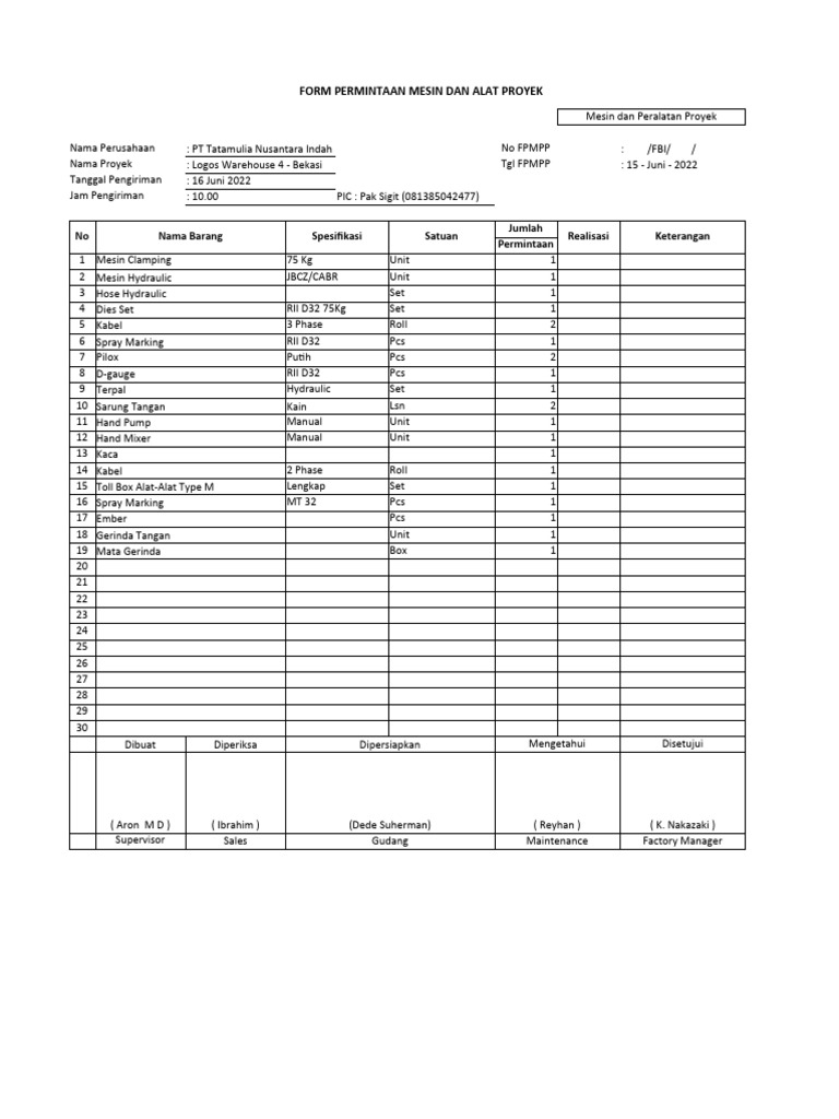 Form Permintaan Mesin | PDF