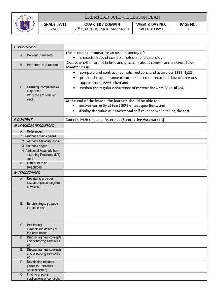 Exemplar Science Lesson Plan: Grade Level Quarter / Domain Week & Day ...