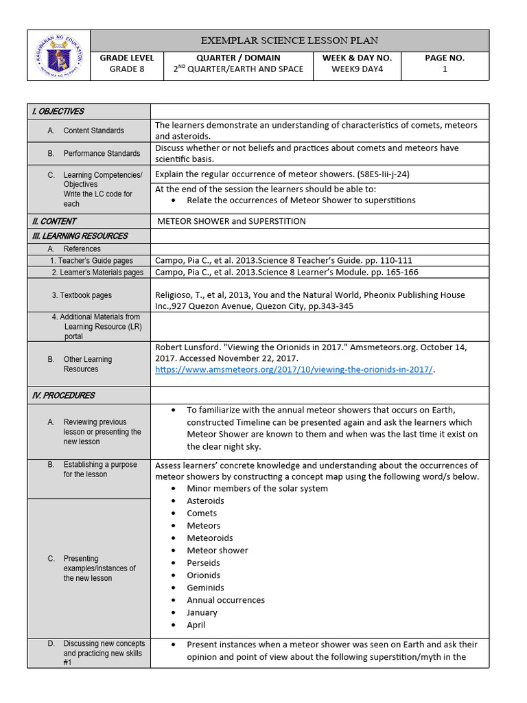 Exemplar Science Lesson Plan: Grade Level Quarter / Domain Week & Day ...