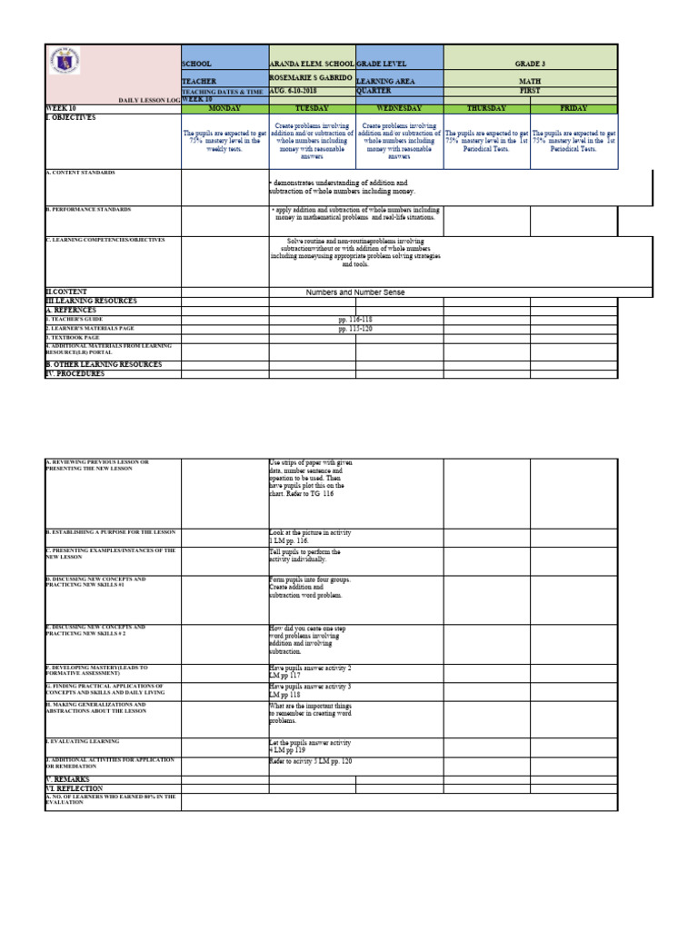DLL Math Q1 WW5 | PDF | Subtraction | Learning