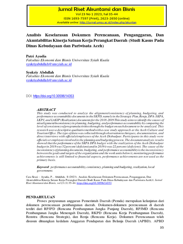 Ayudia2023 Analisis Keselarasan Dokumen Perencanaan, Penganggaran, Dan Akuntabilitas Kinerja ...
