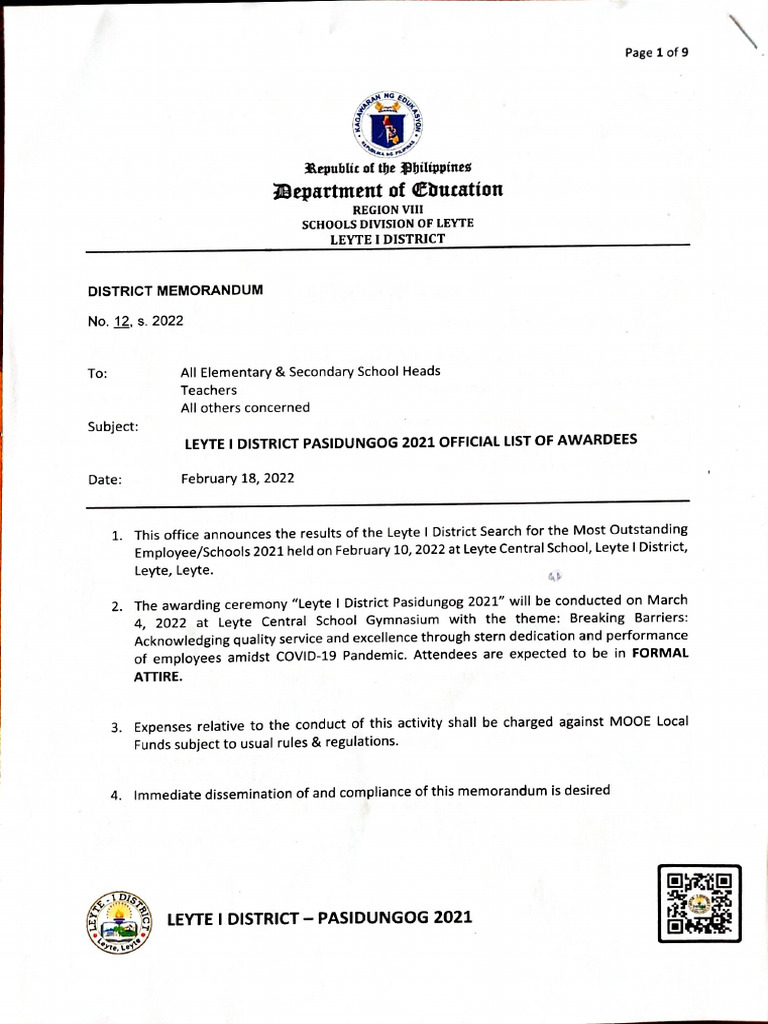 District Pasidungog 2021 Memo and List of Awardees | PDF