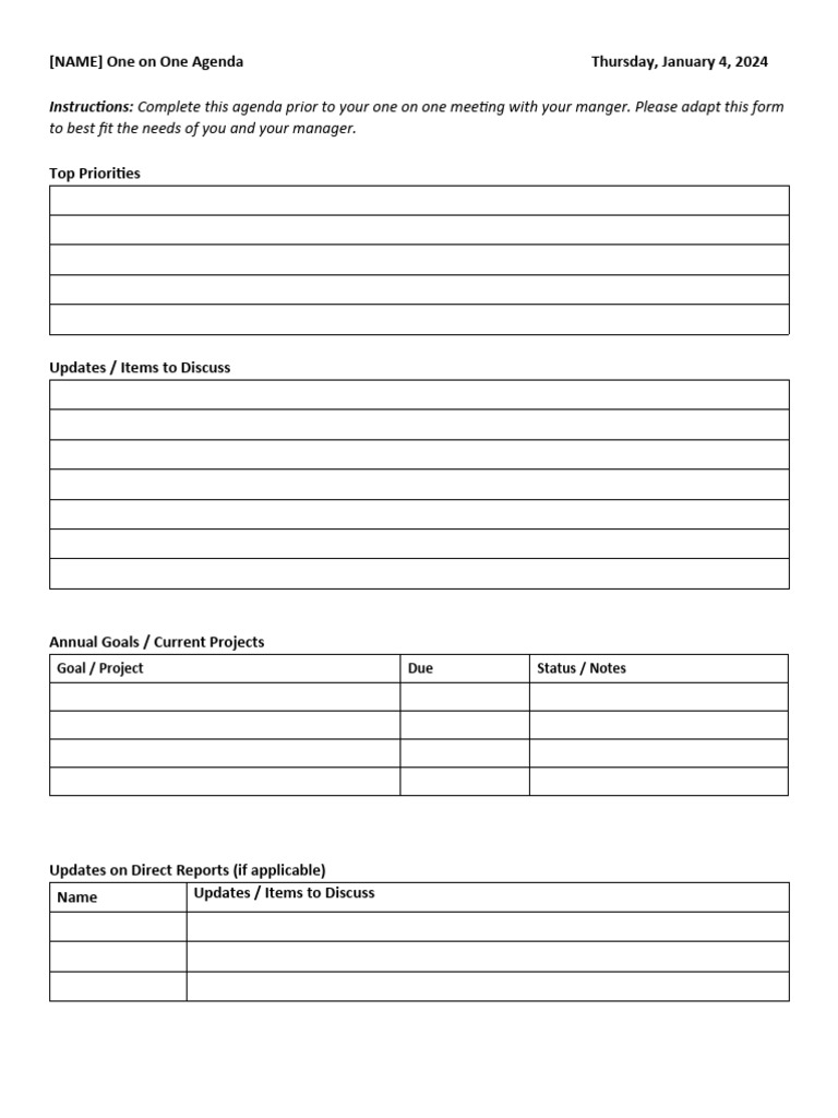 1 On 1 Agenda Template 1 | PDF