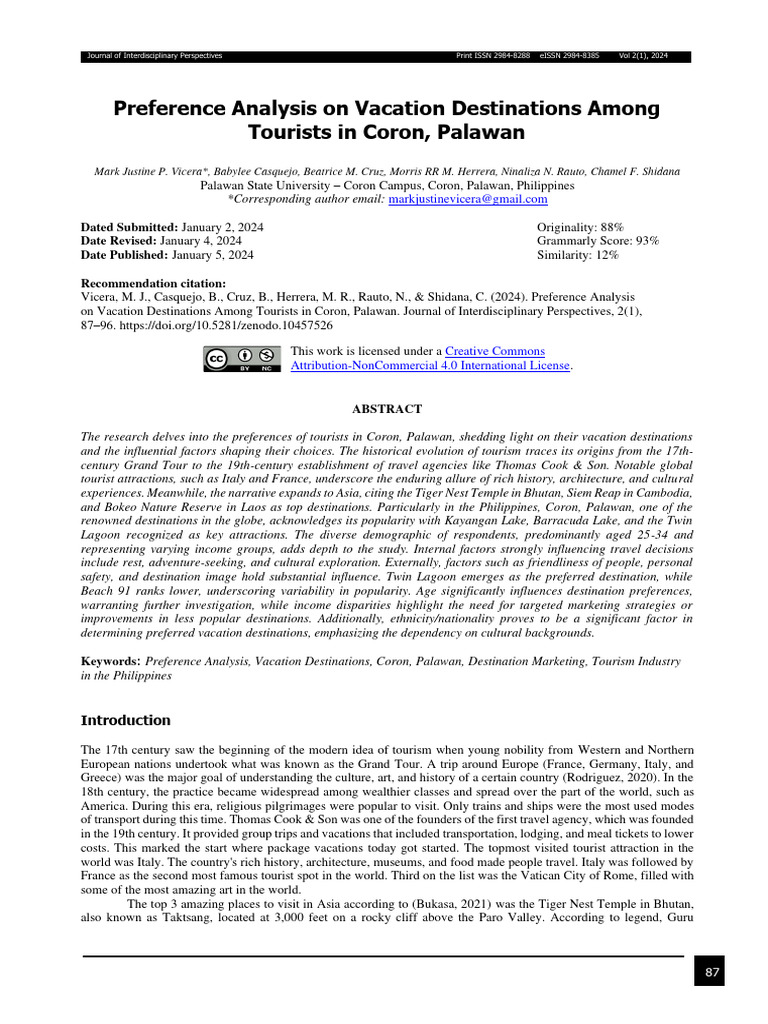 Preference Analysis On Vacation Destinations Among Tourists in Coron ...