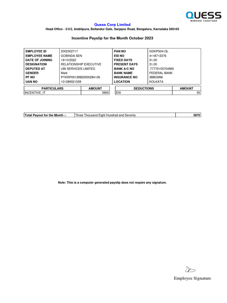 Quess Corp October 2023 Payslip Summary | PDF