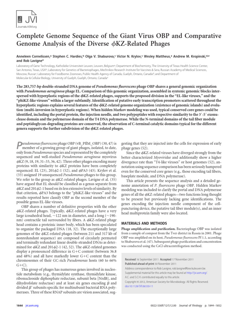 Complete Genome Sequence of The Giant Virus OBP and Comparative Genome Analysis of The Diverse | PDF