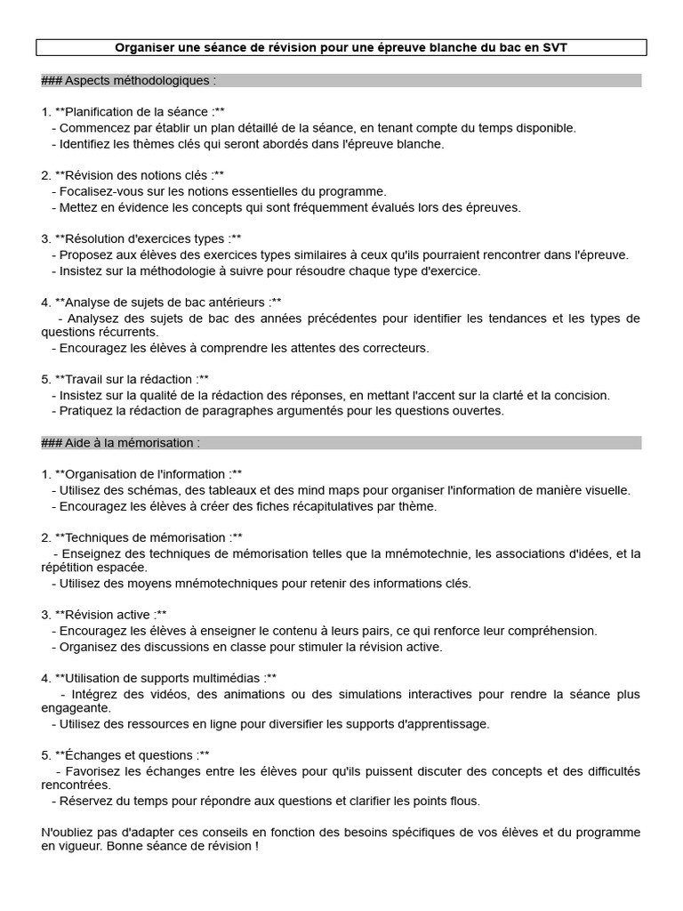 Organiser Une Séance de Révision Pour Une Épreuve Blanche Du Bac en SVT ...