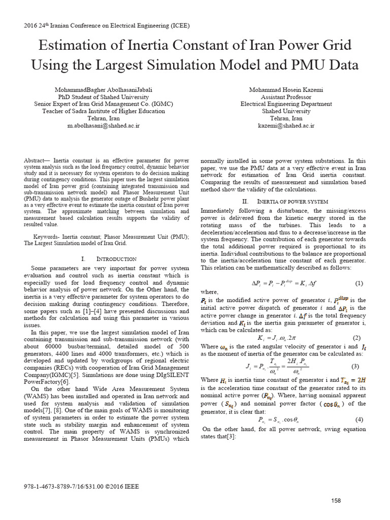 Estimation of Inertia Constant of Iran Power Grid | Download Free PDF ...
