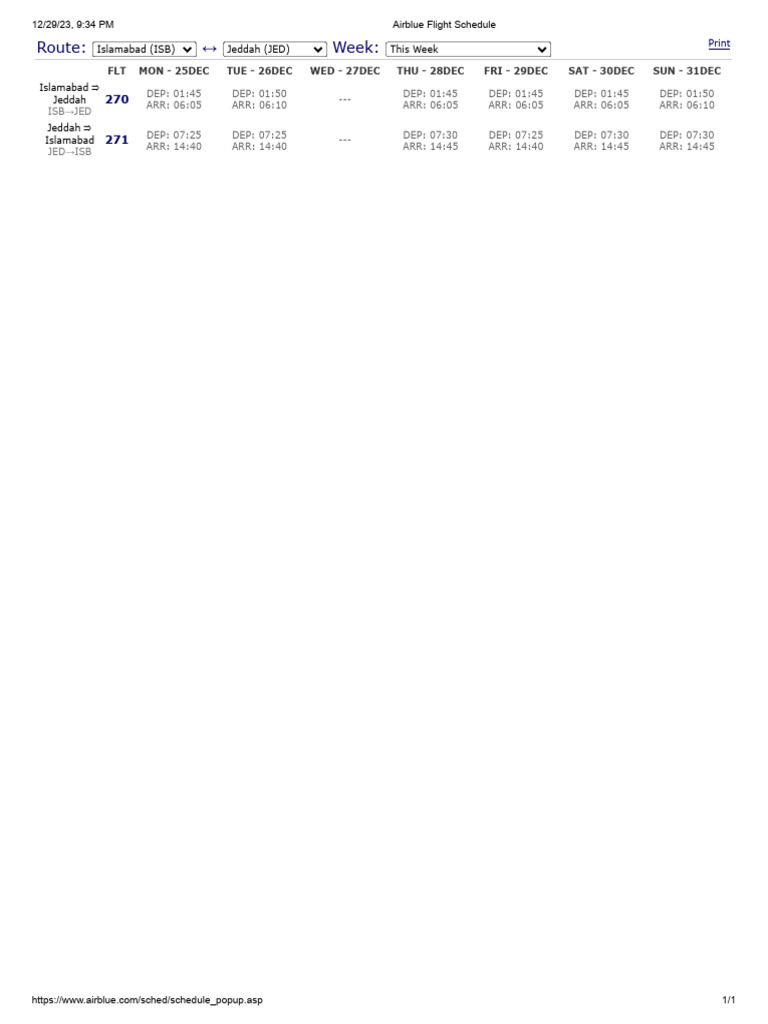 Airblue Flight Schedule | PDF