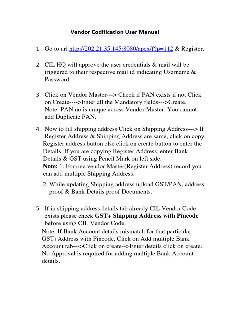 Vendor Codification User Manual | PDF