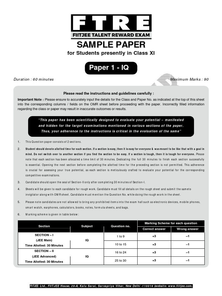 FIITJEE Class XI IQ Sample Paper | PDF
