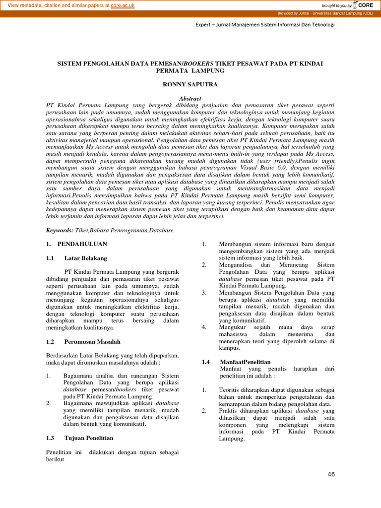 Sistem Pengolahan Data Pemesan/Bookers Tiket Pesawat Pada PT Kindai Permata Lampung Ronny ...