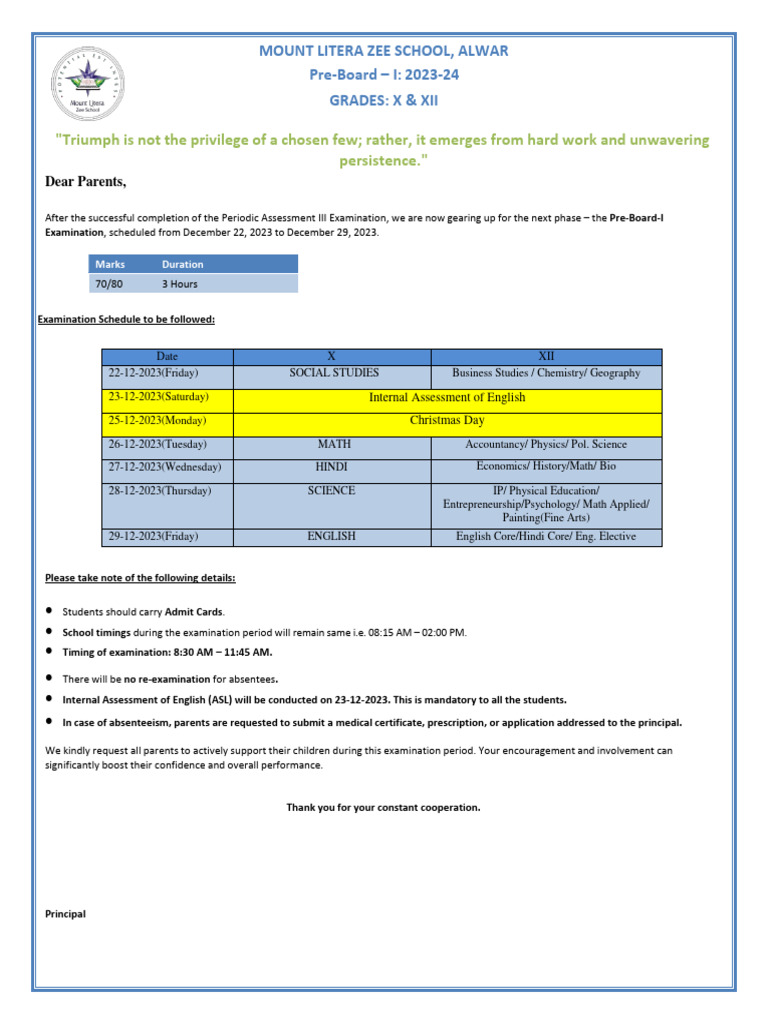 DATE SHEET Pre-Board-I - 2023-24-X & XII - EXAM-CIRCULAR | PDF