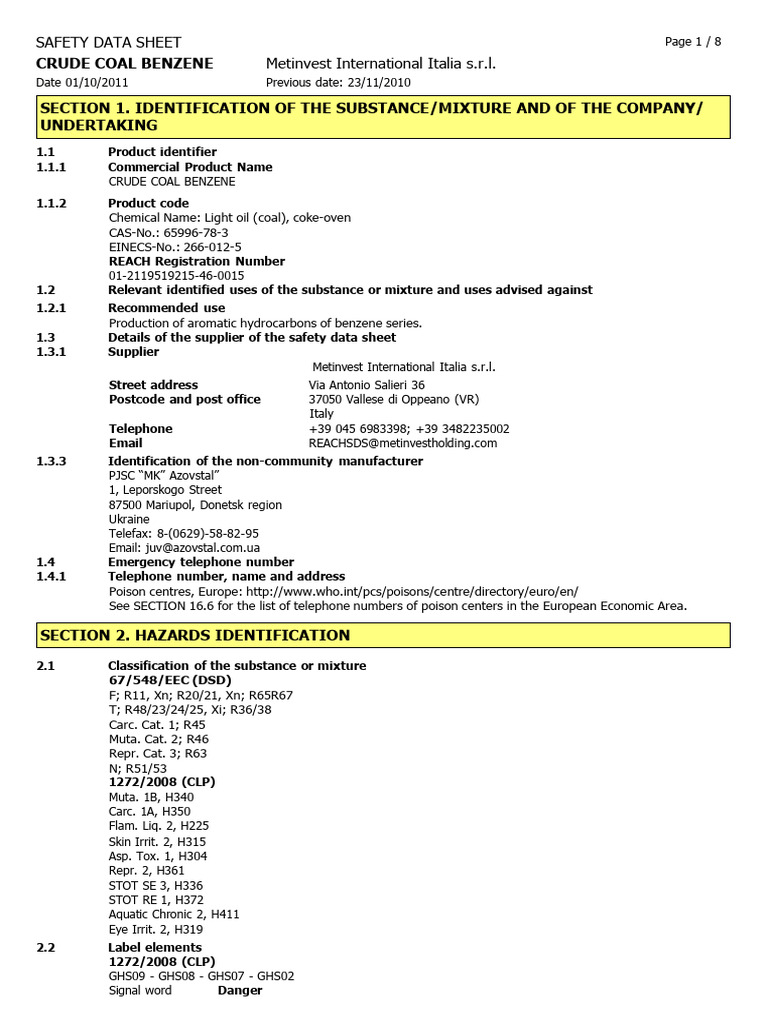 Crude Coal Benzene Safety Data Sheet | PDF