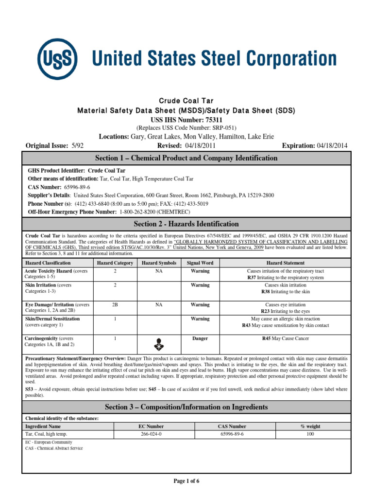 Crude Coal Tar MSDS | PDF