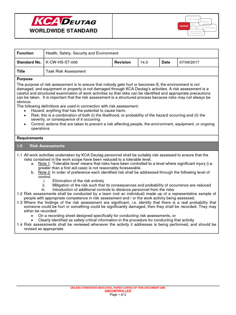 K-CW-ST-006 Task Risk Assessment 14.0 | PDF