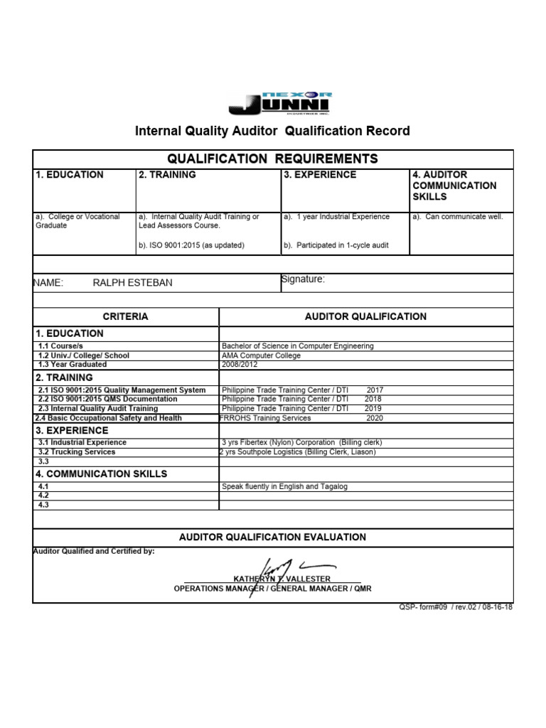Internal Auditor Qualification Record | PDF | Business | Business Process
