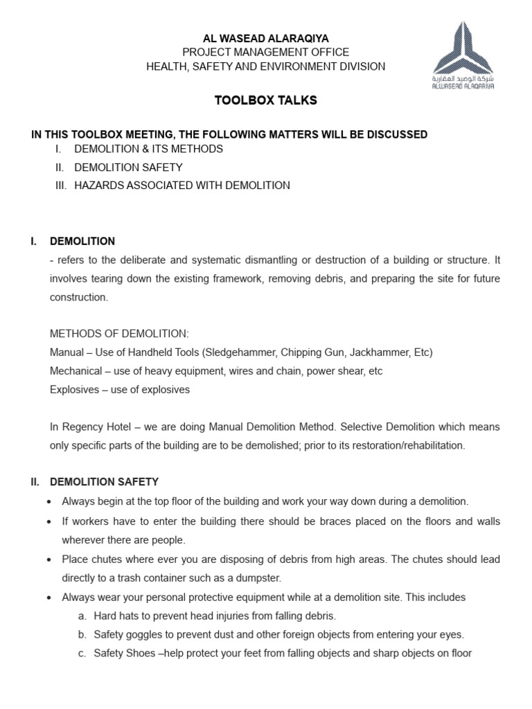 Demolition - Toolbox Talks | PDF | Demolition | Occupational Safety And ...
