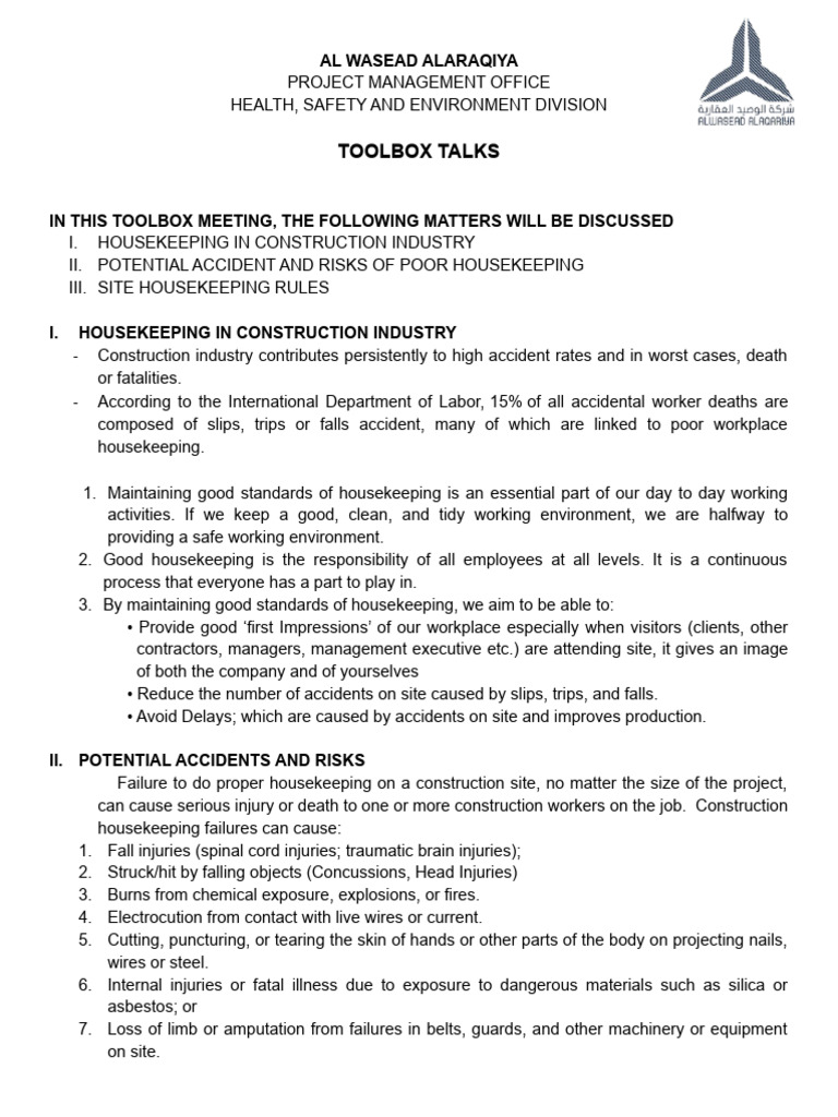 Housekeeping - Toolbox Talks | Download Free PDF | Housekeeping ...