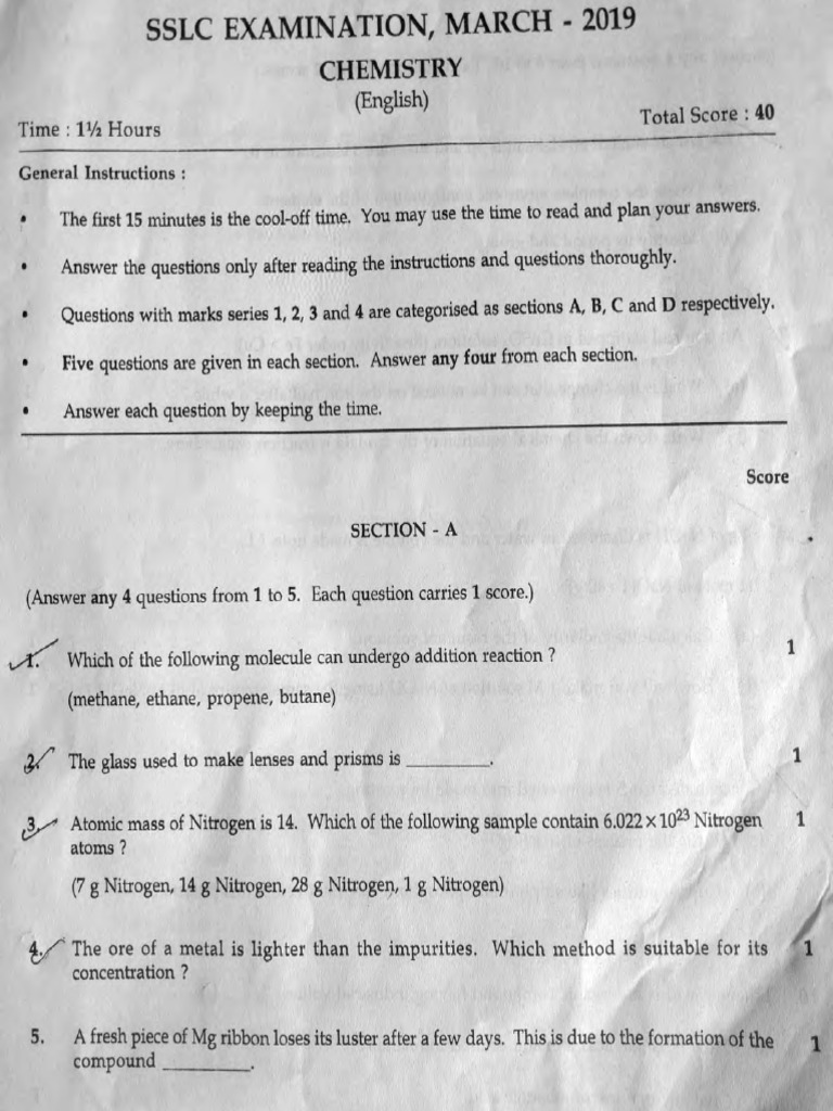 CHEMISTRY Question Paper EM - SSLC March 2019 | PDF