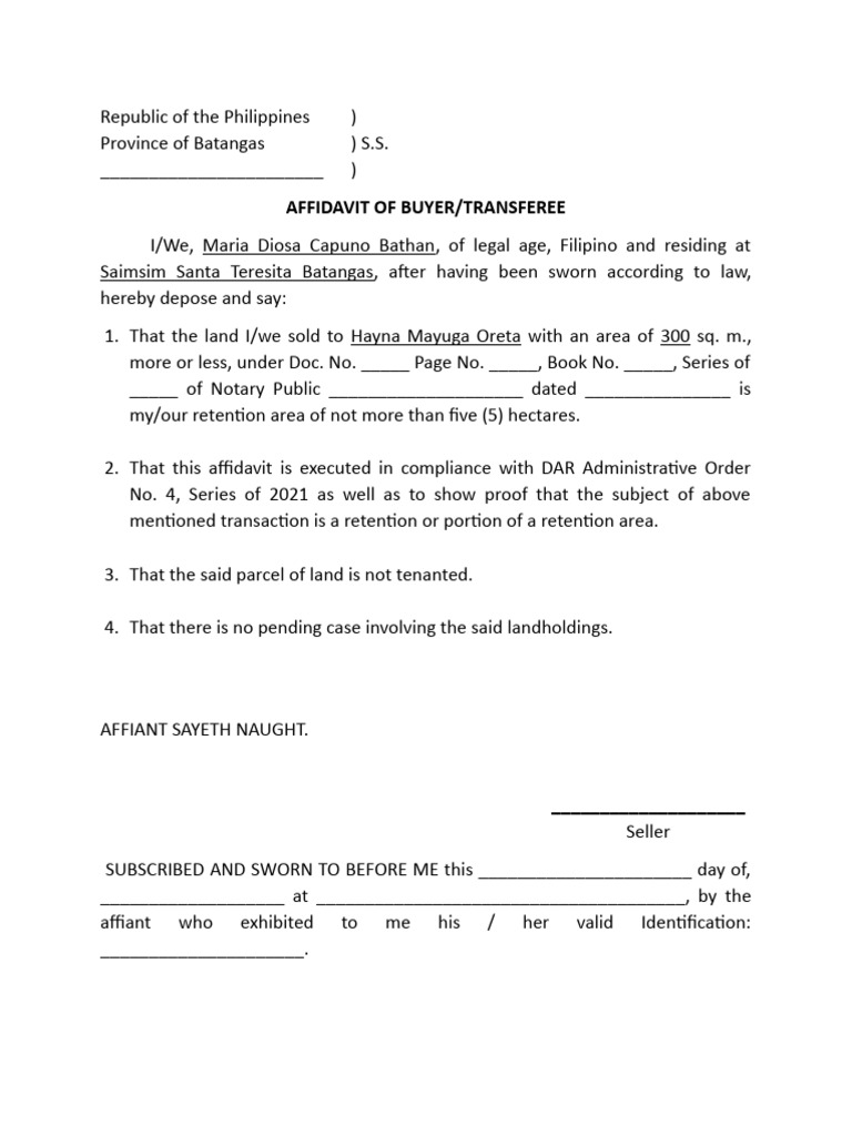 Affidavit of Buyer for Land Transfer | PDF