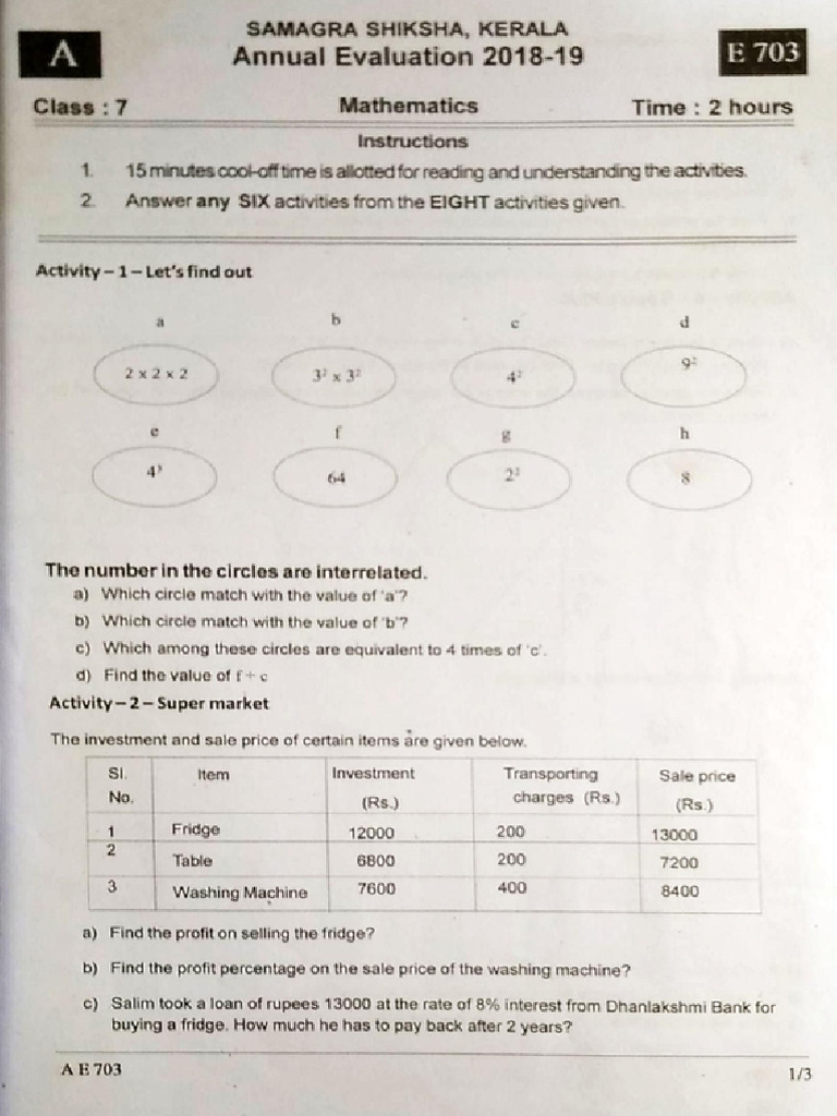 MATHS (EM) Question Paper Kerala Class 7 Annual Exam March 2019 | PDF