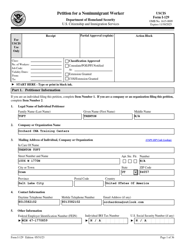 Sample Form I-129 for Nonimmigrant Workers | PDF | H 1 B Visa | United ...
