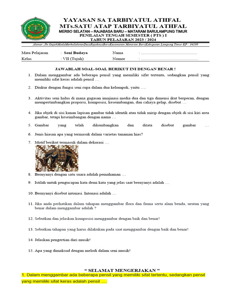 Kop Soal Pts - Seni Budaya Kelas 7 | PDF