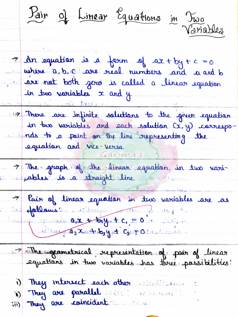 NOTES Pair of Liner Equations in Two Variables | PDF