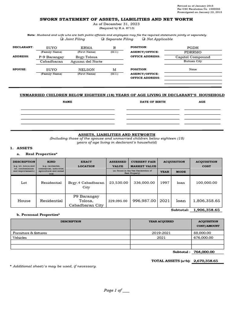 Sworn Statement of Assets, Liabilities and Net Worth | PDF | Net Worth ...