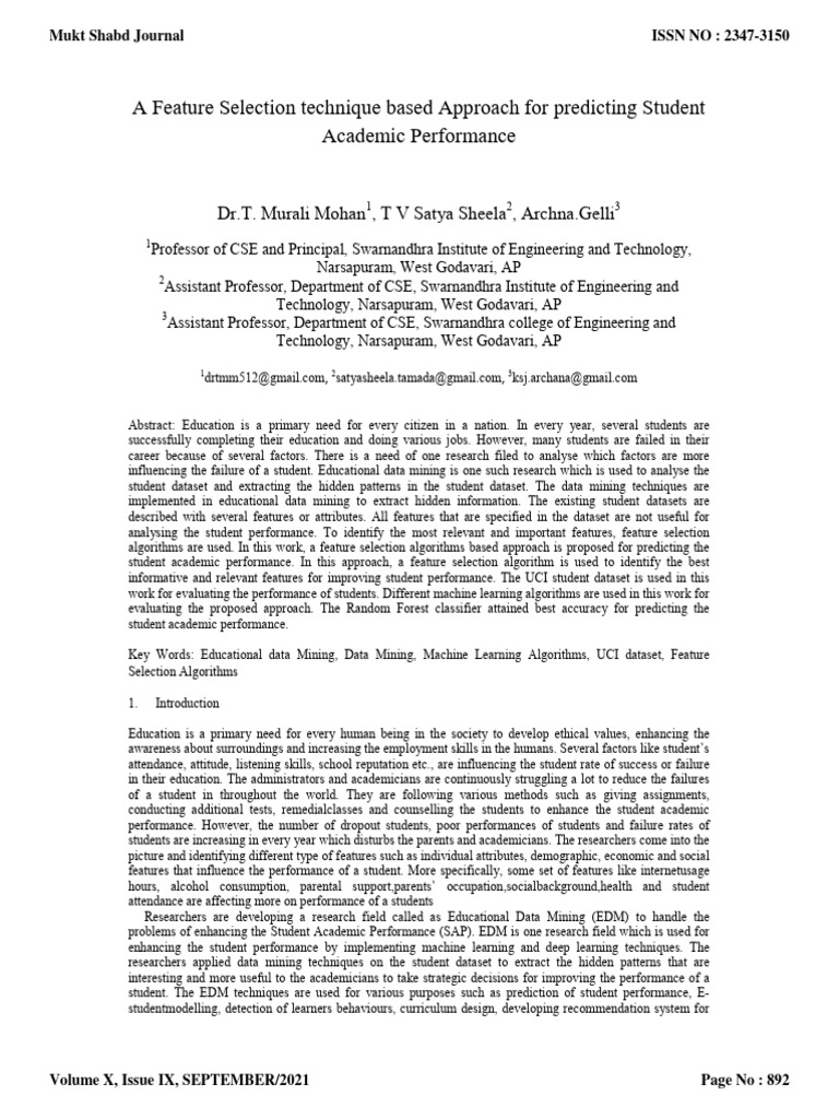 A Feature Selection Technique Based Approach For Predicting Student 2021 | PDF | Machine ...