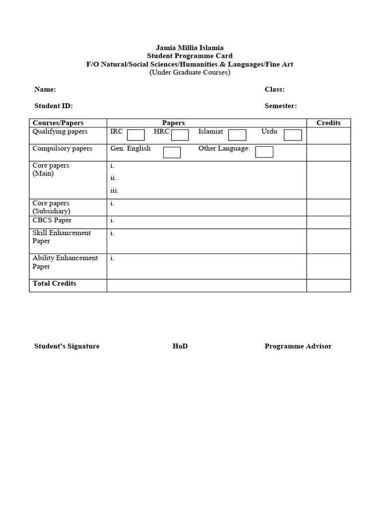 Student Programme Card CBCS-1 | PDF