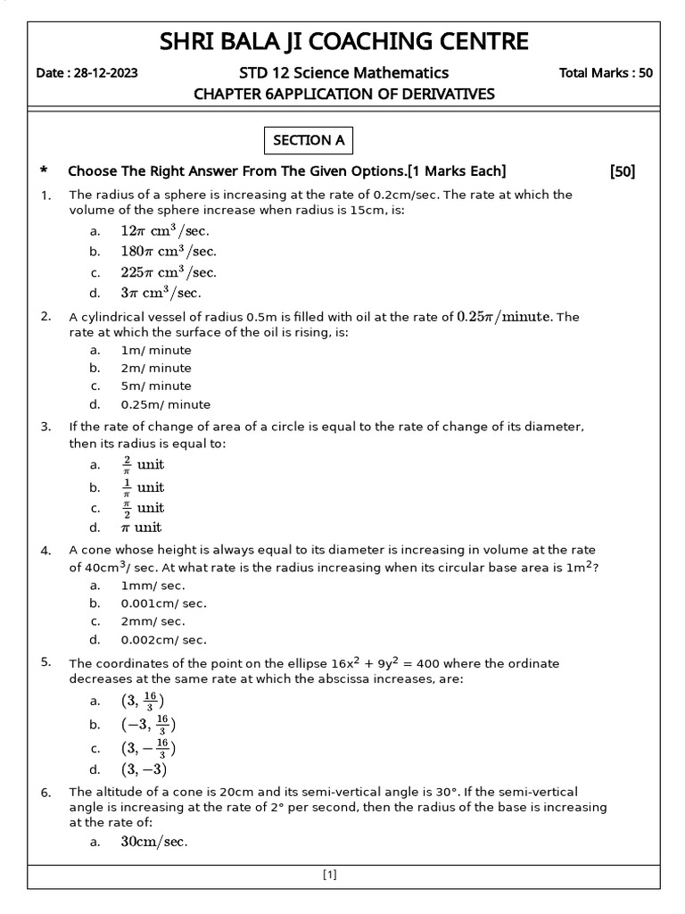 Shri Bala Ji Coaching Centre: STD 12 Science Mathematics Chapter ...