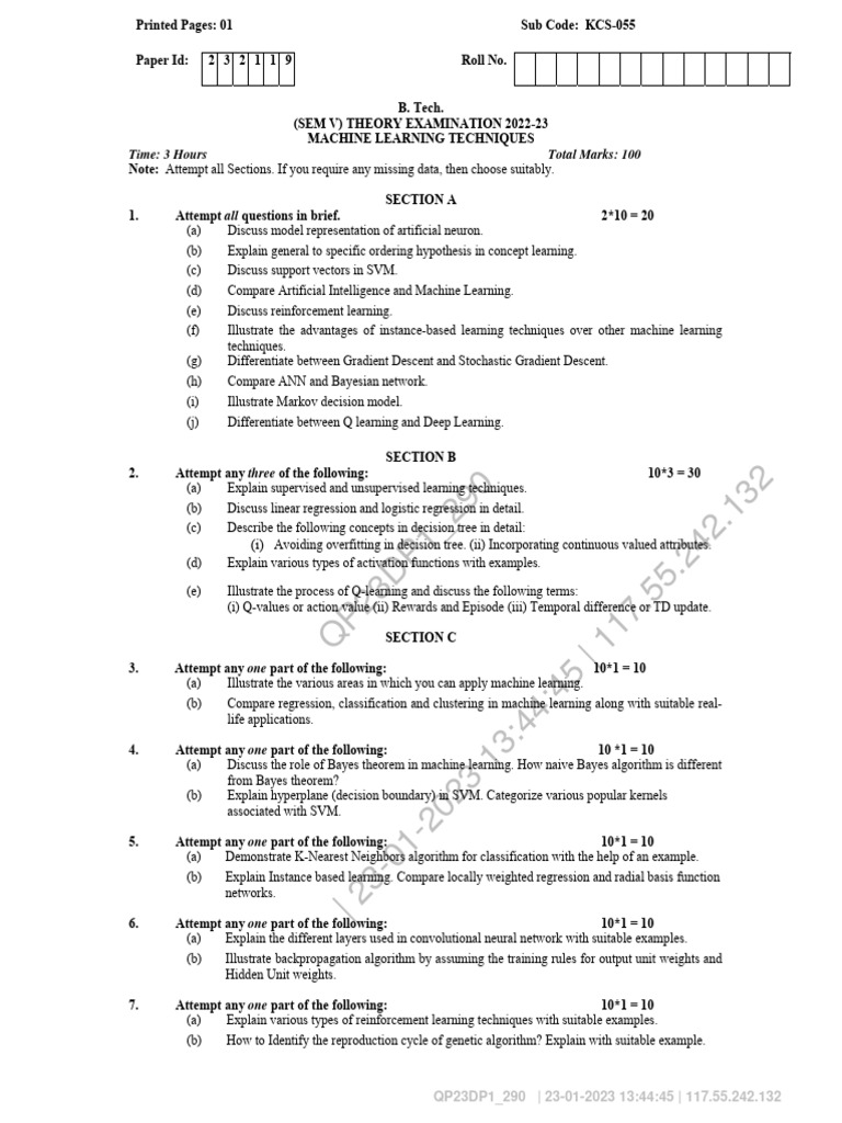 Btech Cs 5 Sem Machine Learning Techniques Kcs055 2023 | PDF | Machine Learning | Support Vector ...