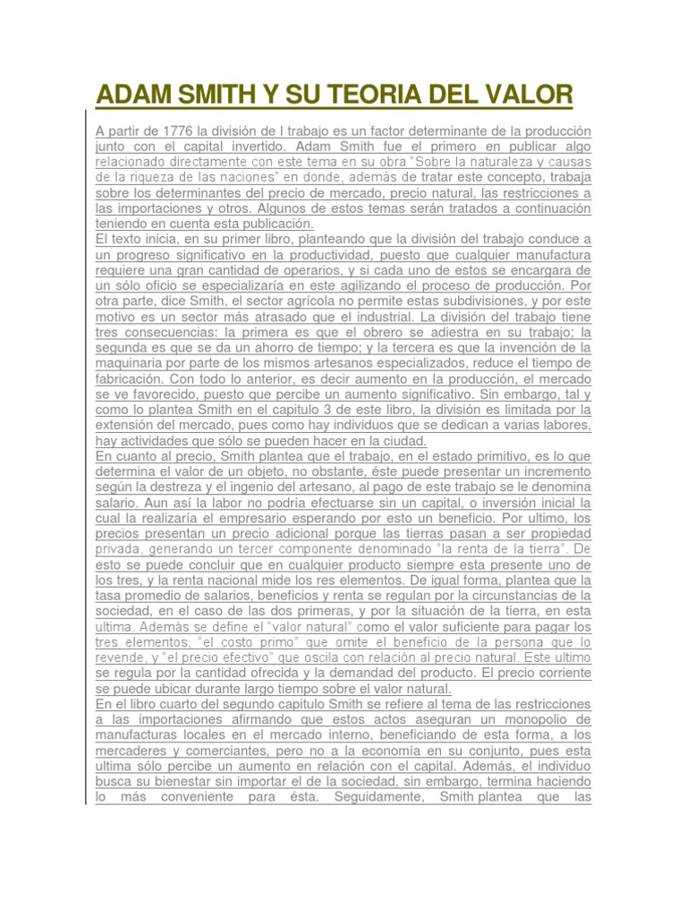 Adam Smith y Su Teoria Del Valor | PDF | Salario | Beneficio (economía)