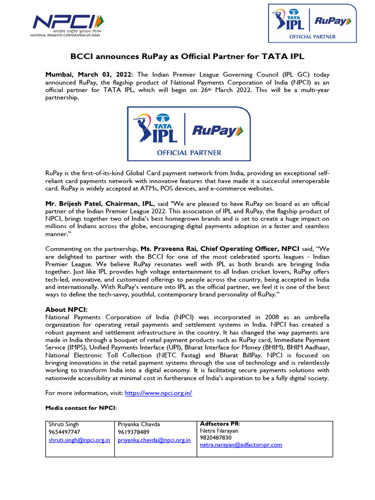 NPCI Press Release BCCI Announces RuPay As Official Partner For IPL ...