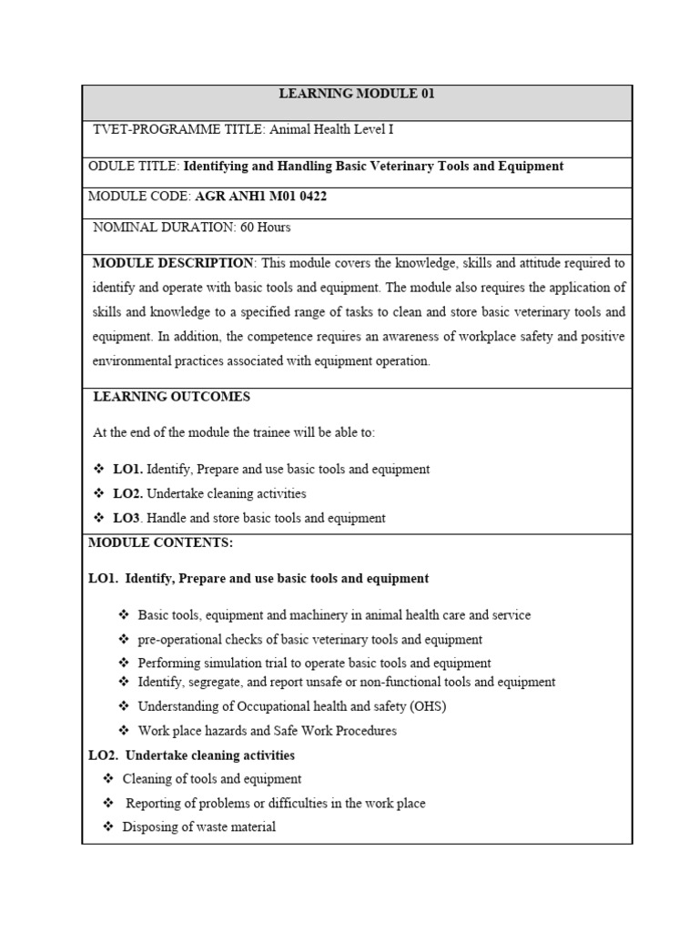 Course Outlines For Level One Animal Health Courses | PDF ...