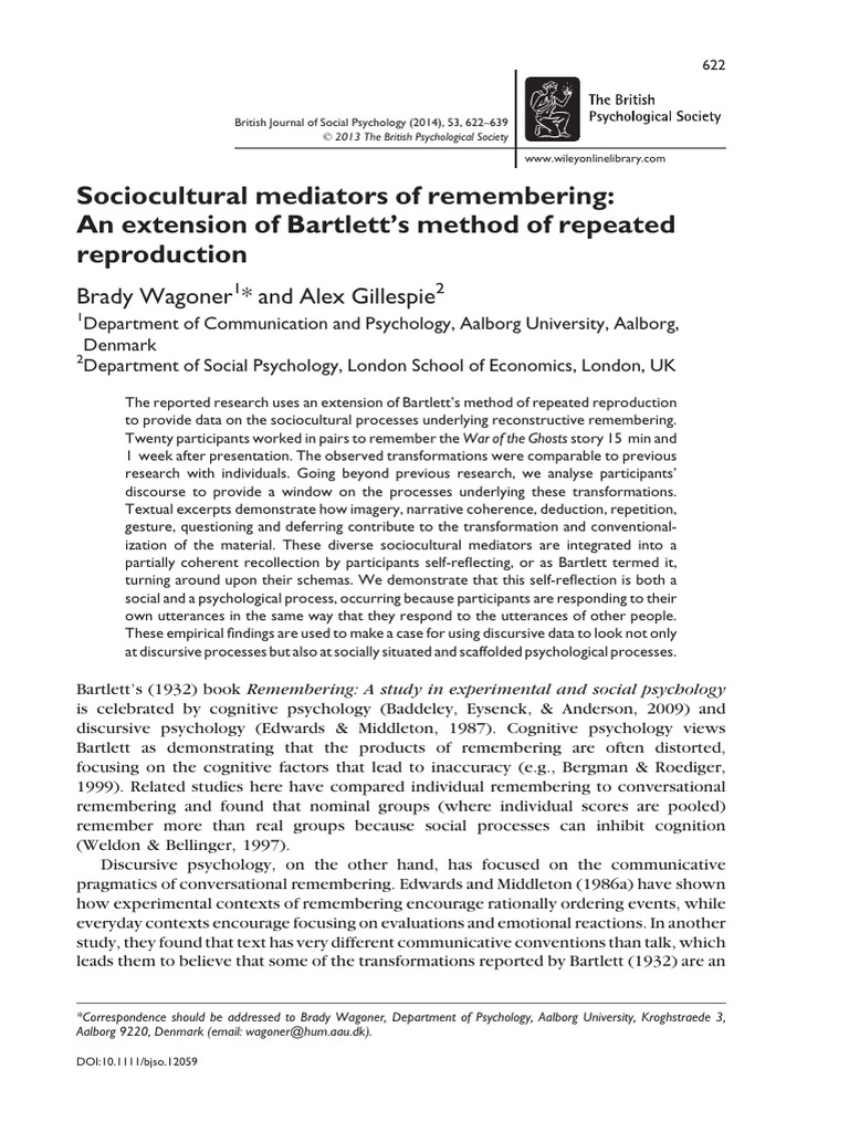Wagoner1 - Sociocultural Mediators of Remembering: An Extension of Bartlett's Method of Repeated ...