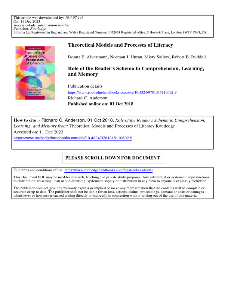Role of The Reader's Schema in Comprehension, Learning, and Memory ...