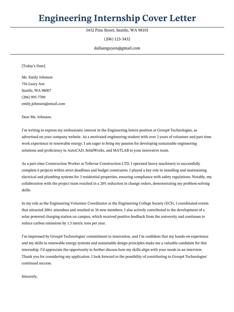 Engineering Internship Cover Letter Example | PDF | Résumé