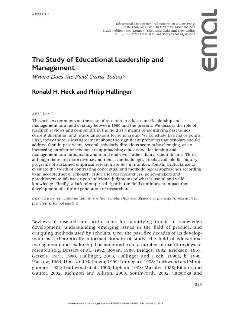 The Study of Educational Leadership and Management: Ronald H. Heck and ...