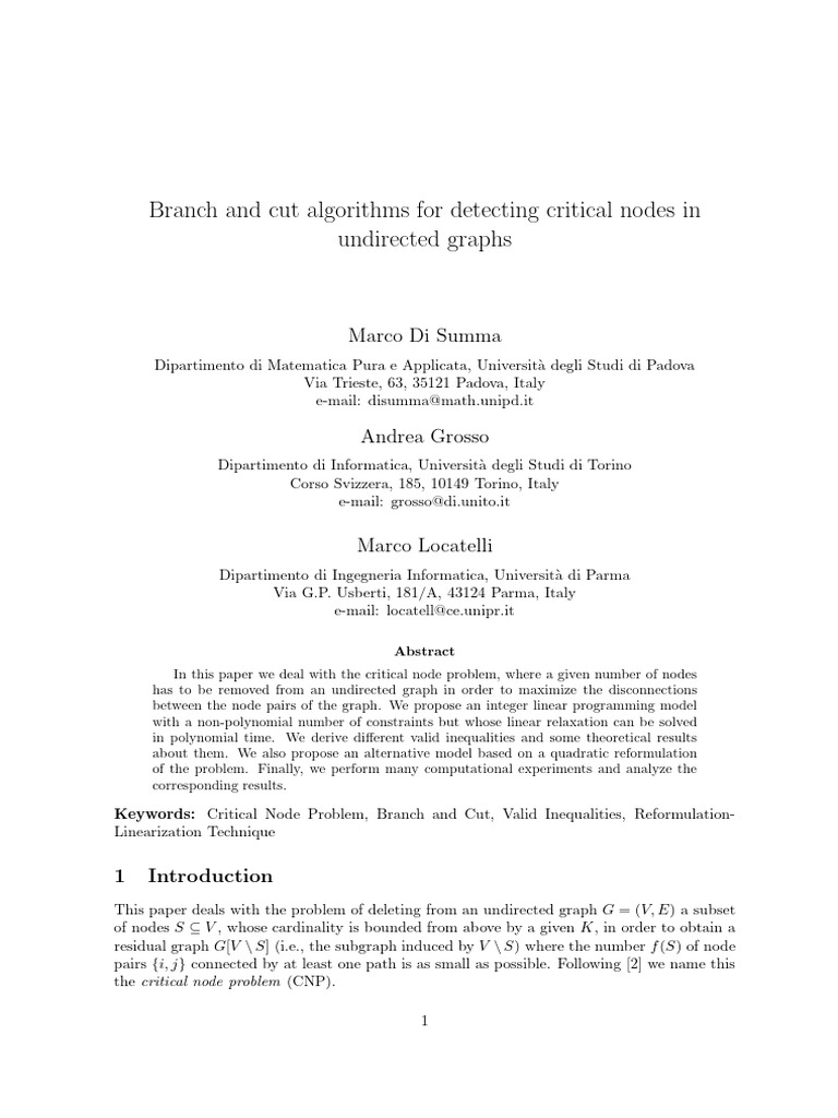 Branch and Cut Algorithms For Detecting Critical Nodes in Undirected Graphs | PDF | Teaching ...