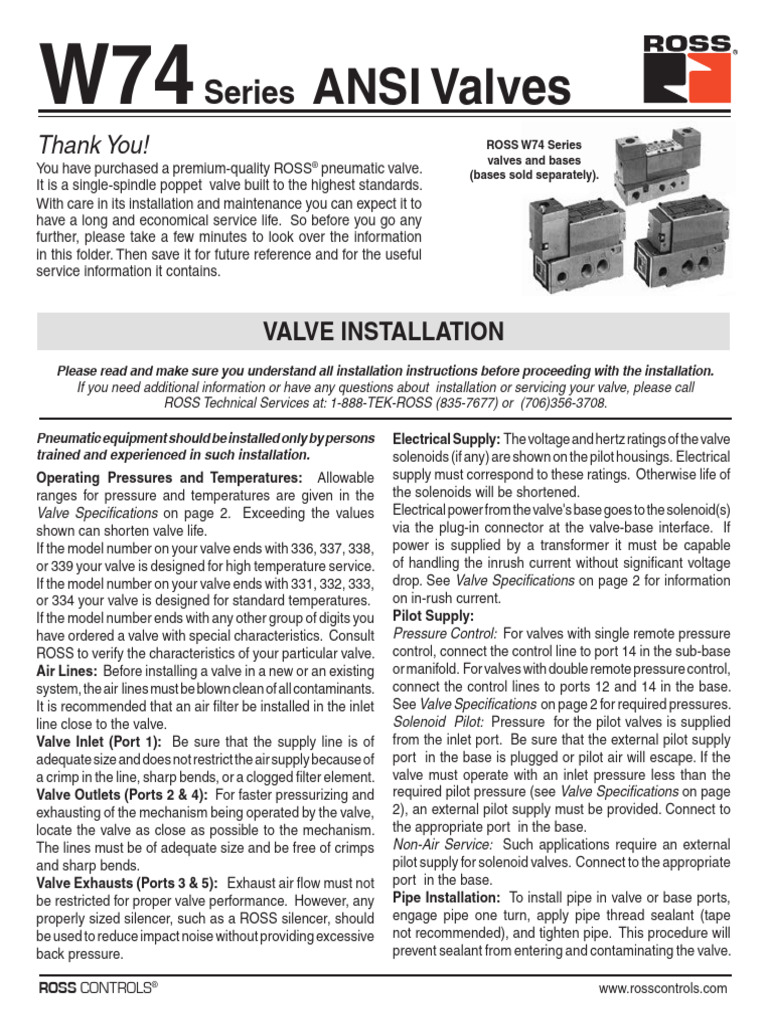 ROSS W74 Series ANSI Valves Installation Instructions SS101 | PDF