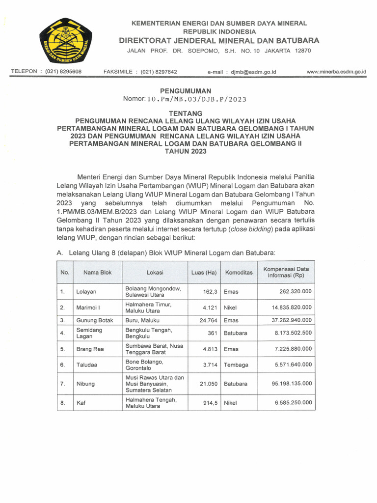 10Pm-MB03-DJBP-2023-Pengumuman Rencana Lelang Ulang 8 Blok Dan Lelang 11 Blok 2023 | PDF
