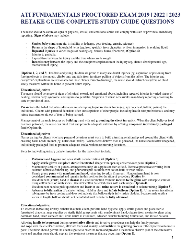 Ati Fundamentals Proctored Exam 2019 2022 2023 Retake Guide Complete Study Guide Questions PDF ...