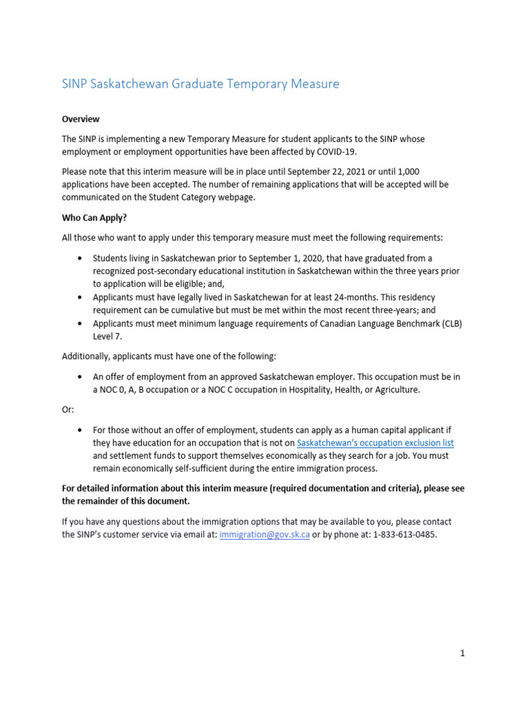 Saskatchewan Graduate Temporary Measure Guidelines | PDF