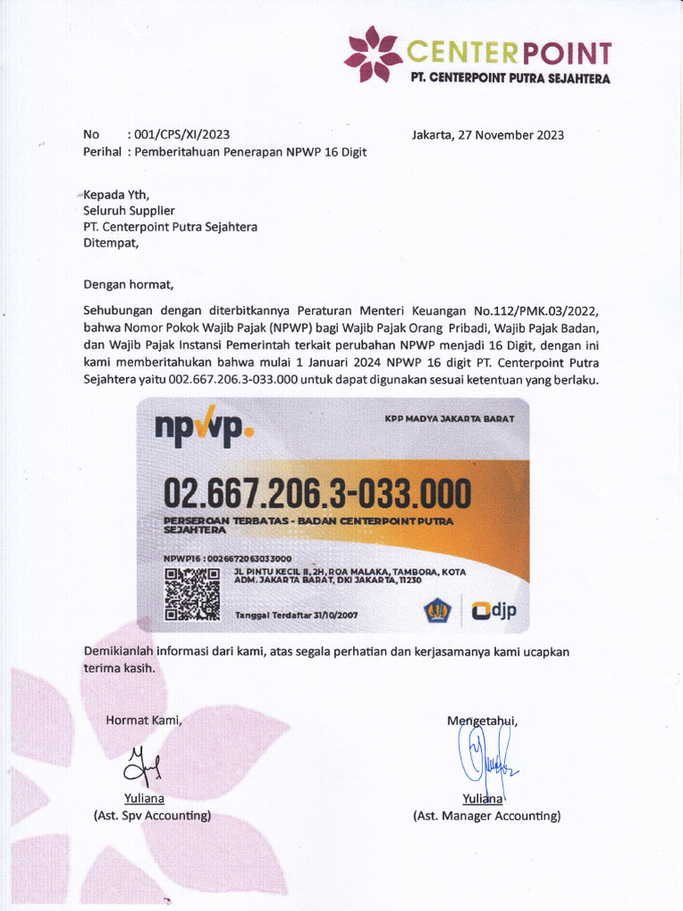 Surat Pemberitahuan NPWP 16 Digit | PDF | Pengelolaan Keuangan & Uang